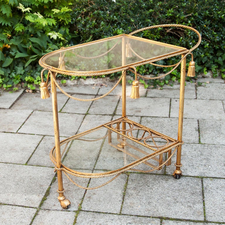 Hollywood Regency Gilt Metal Rope Tassel Bar Cart, Italy, 1960s at 1stDibs