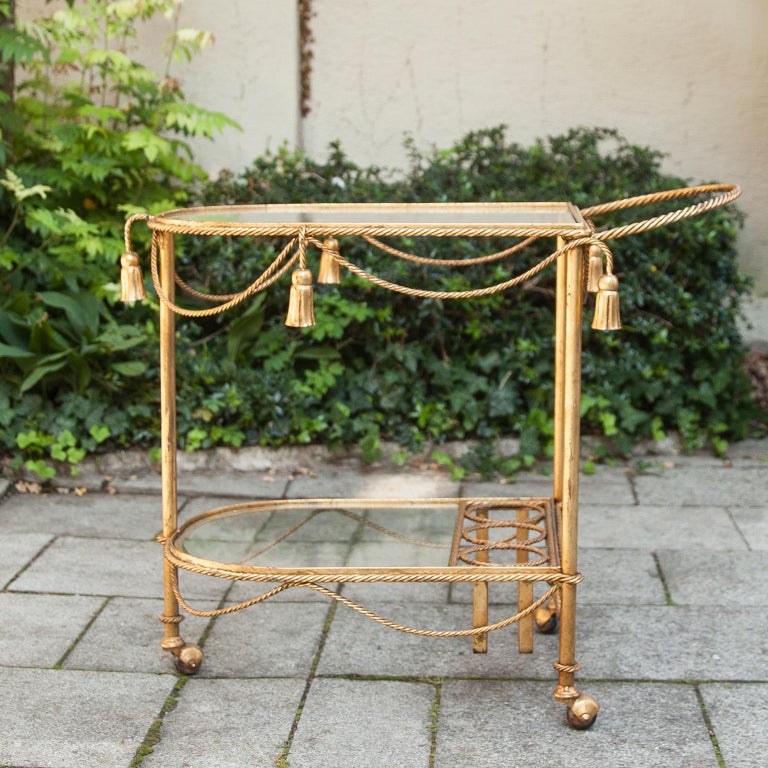Hollywood Regency Gilt Metal Rope Tassel Bar Cart, Italy, 1960s at 1stDibs