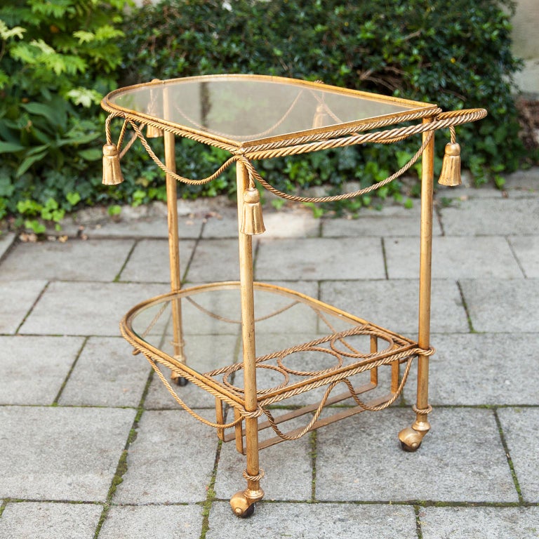 Hollywood Regency Gilt Metal Rope Tassel Bar Cart, Italy, 1960s at 1stDibs