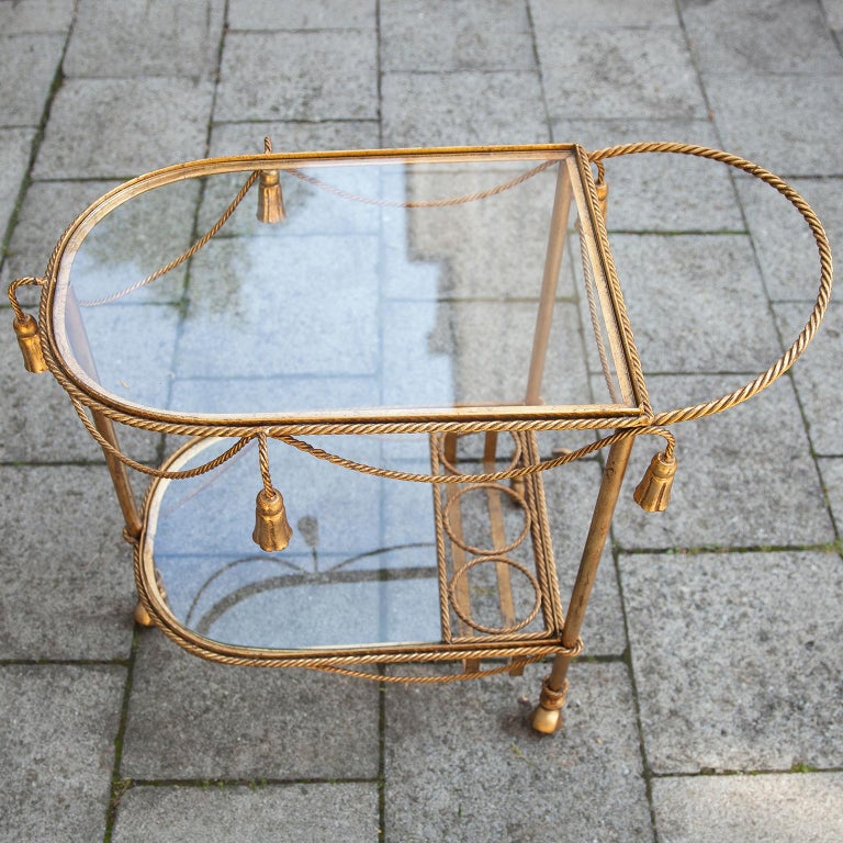 Hollywood Regency Gilt Metal Rope Tassel Bar Cart, Italy, 1960s at 1stDibs