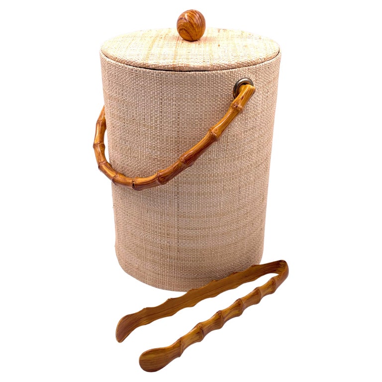 Hollywood Regency Grasscloth and Faux Bamboo Ice Bucket and Tongues at ...