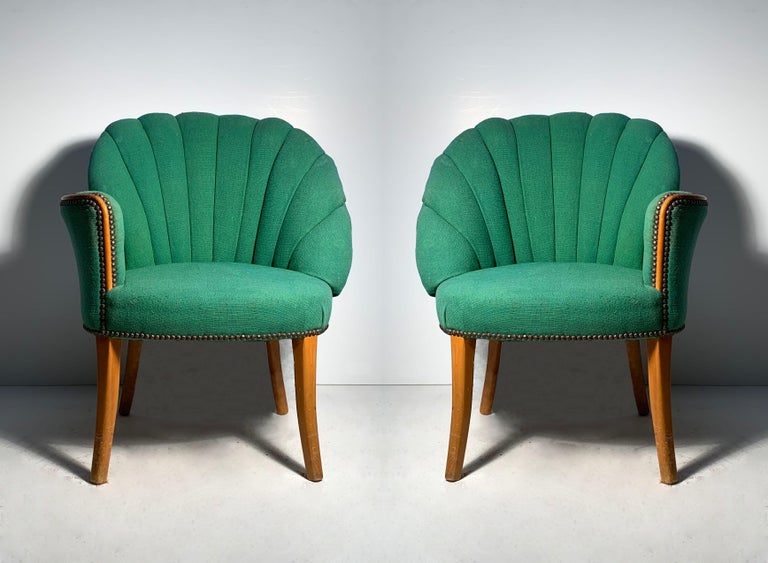 Hollywood Regency High Style Art Deco Fan Shell Back Pair of Chairs For ...