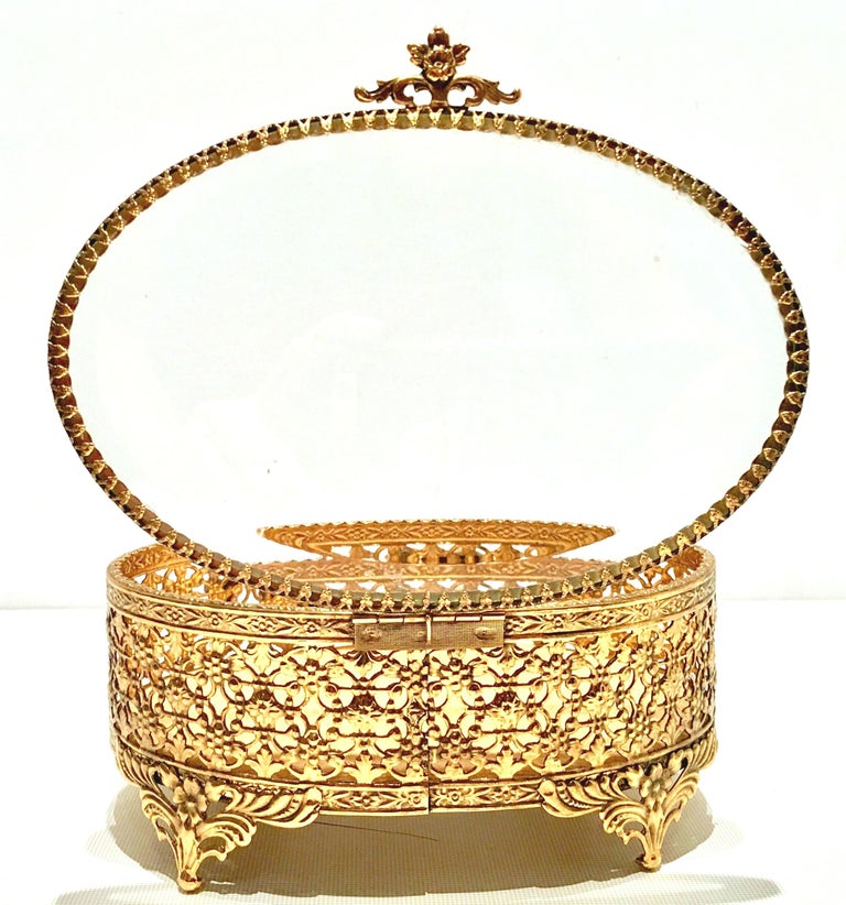 Hollywood Regency Italian 22 Karat Gold Gilt and Glass Oval Footed Box ...