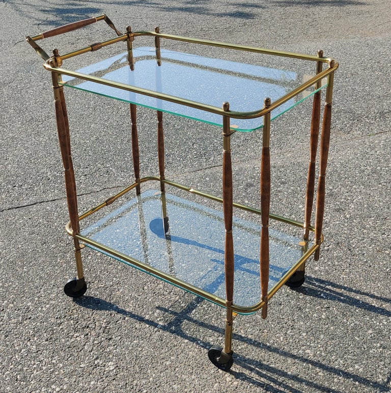 Hollywood Regency Italian Style Brass Walnut Glass Tiered Bar Cart ...