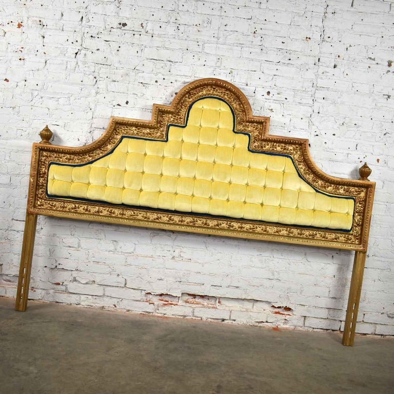 Hollywood Regency King Headboard Gilded Cast Aluminum and Yellow Velvet ...
