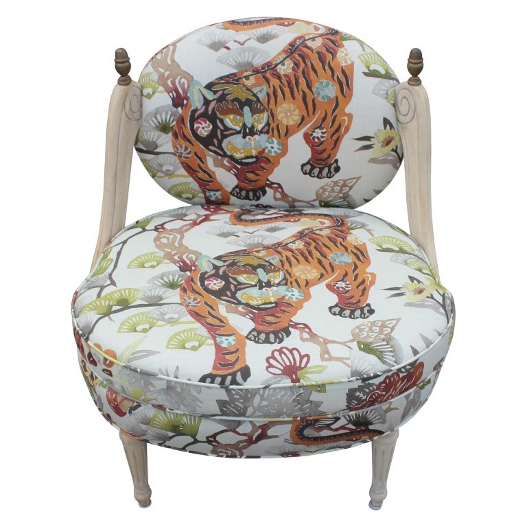 Hollywood Regency Lounge Chair with Natural Wood and Tiger Print Fabric ...