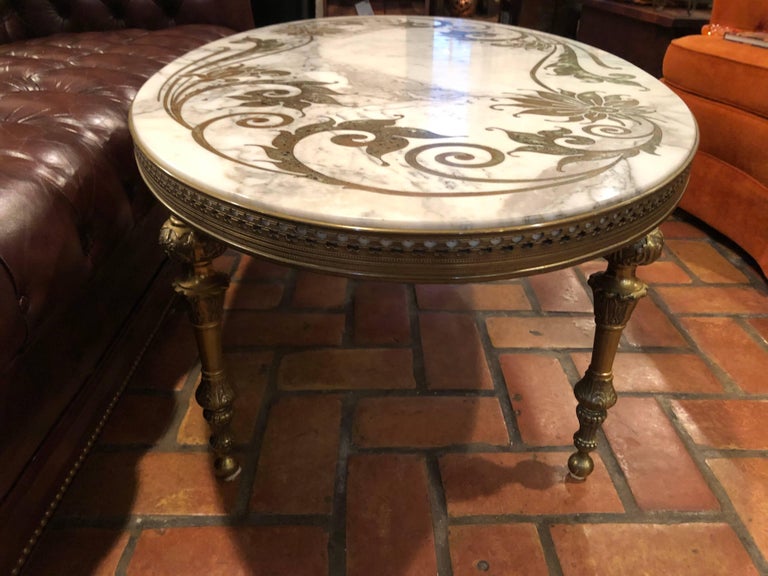 Hollywood Regency Marble-Top Coffee Table with Inlay at 1stDibs