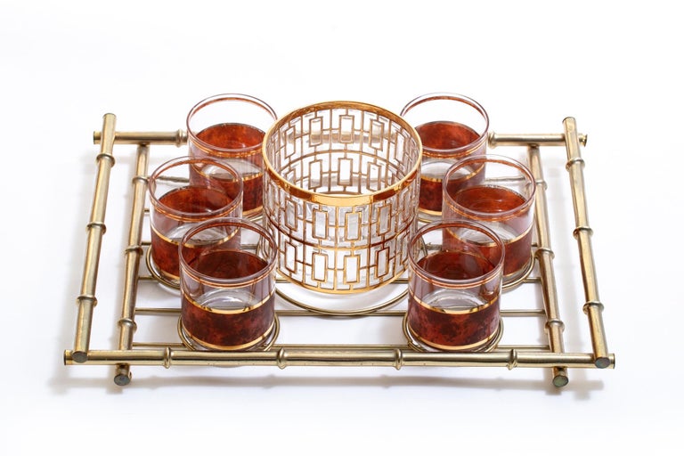 Hollywood Regency Midcentury 22-Karat Gold Barware Set and Brass Bamboo ...