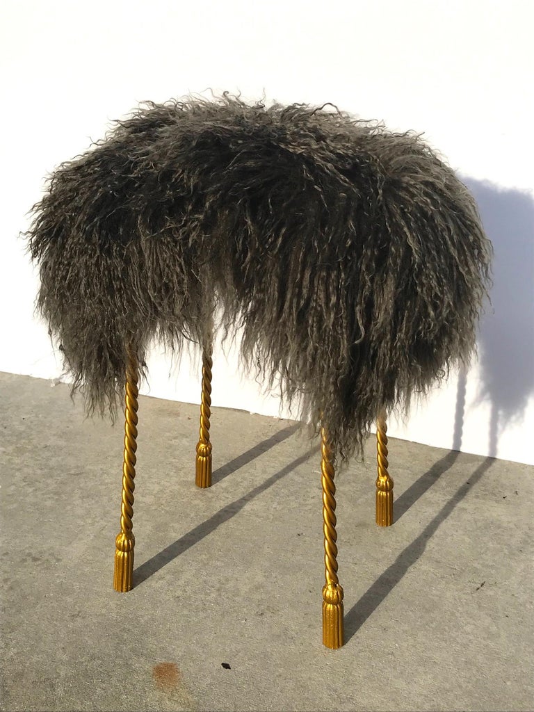 Hollywood Regency Mongolian Lamb and Gilded Metal Vanity Stool, 1970s ...