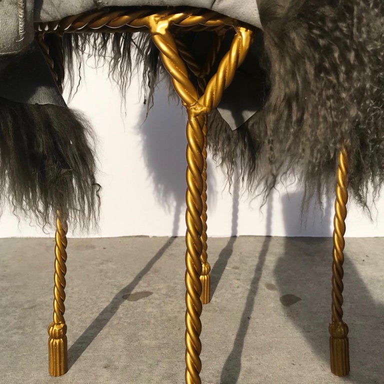 Hollywood Regency Mongolian Lamb and Gilded Metal Vanity Stool, 1970s ...