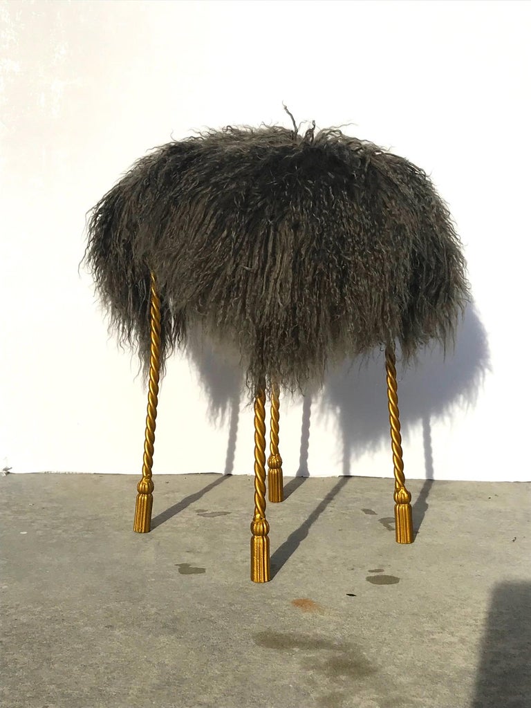 Hollywood Regency Mongolian Lamb and Gilded Metal Vanity Stool, 1970s ...