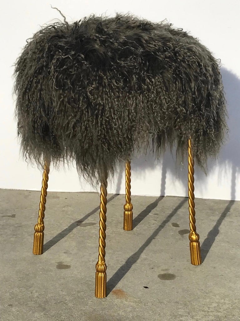 Hollywood Regency Mongolian Lamb and Gilded Metal Vanity Stool, 1970s ...