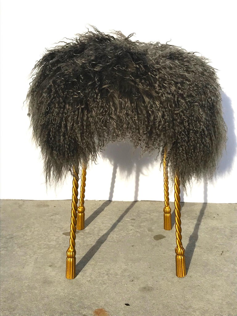 Hollywood Regency Mongolian Lamb and Gilded Metal Vanity Stool, 1970s ...