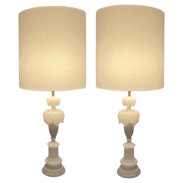 Hollywood Regency Pair of Alabaster Lotus Shaped Table Lamps For Sale ...
