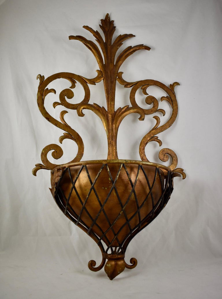 Hollywood Regency Palm Beach Estate Gilded Iron and Copper Wall Planter ...