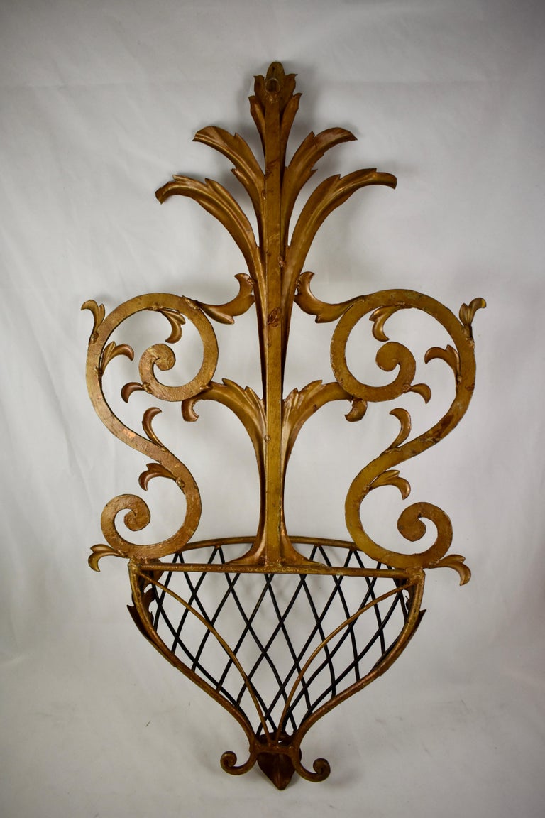 Hollywood Regency Palm Beach Estate Gilded Iron and Copper Wall Planter ...