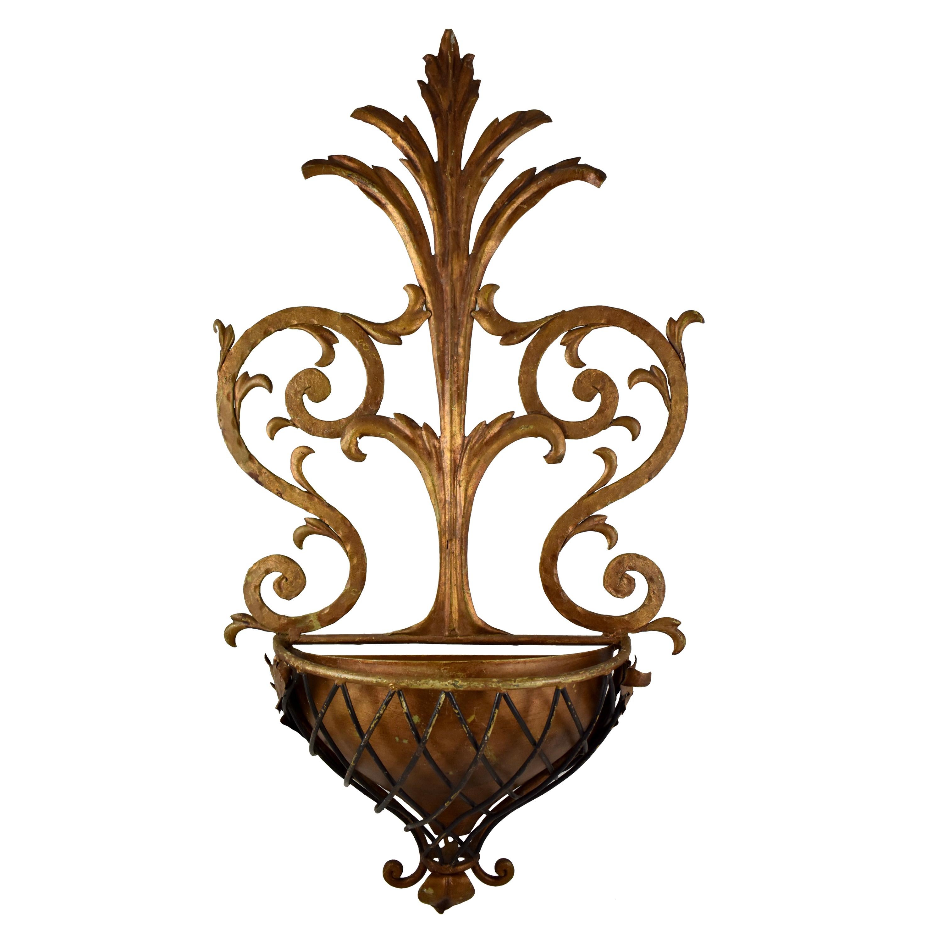 Hollywood Regency Palm Beach Estate Gilded Iron and Copper Wall Planter ...