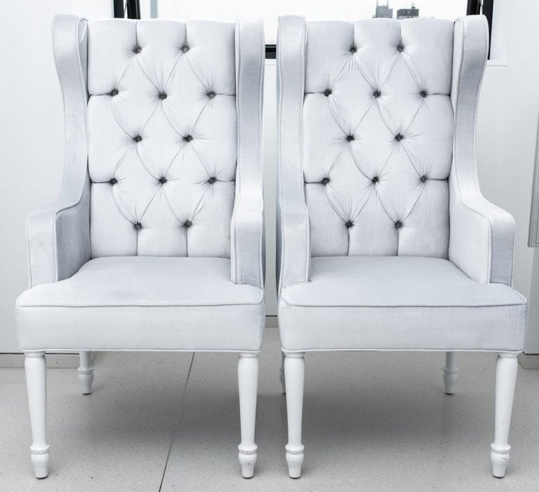 Hollywood Regency Platinum Velvet Wing Chairs, Pair For Sale at 1stDibs