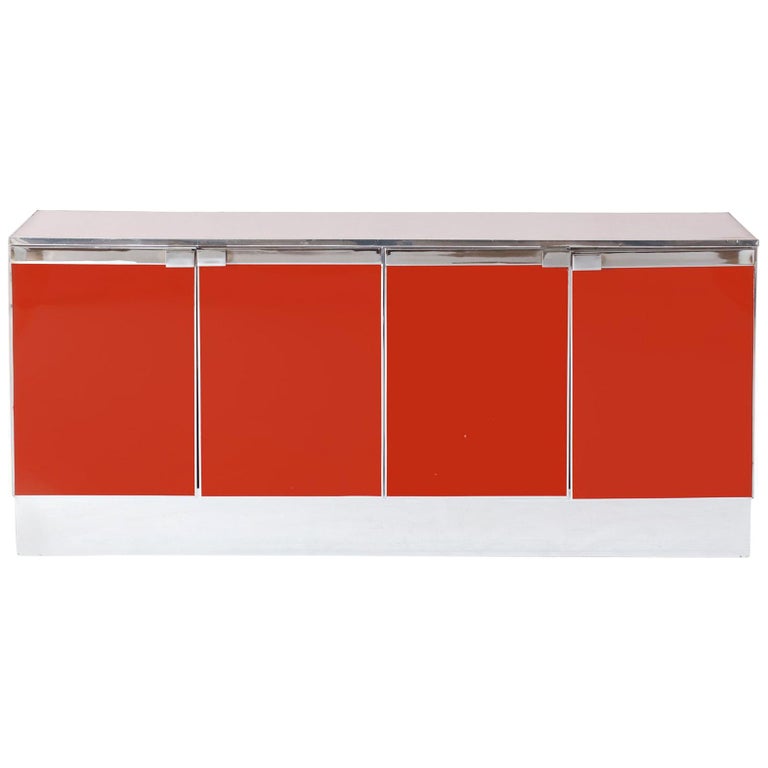 Hollywood Regency Red Lacquer and Chrome Credenza at 1stDibs