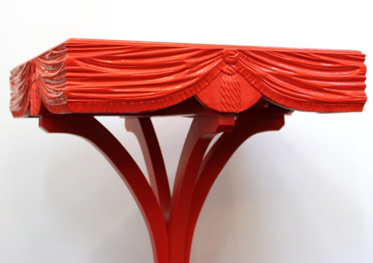 Hollywood Regency Red Side Tables with Sculpted Wood Drapery at 1stDibs