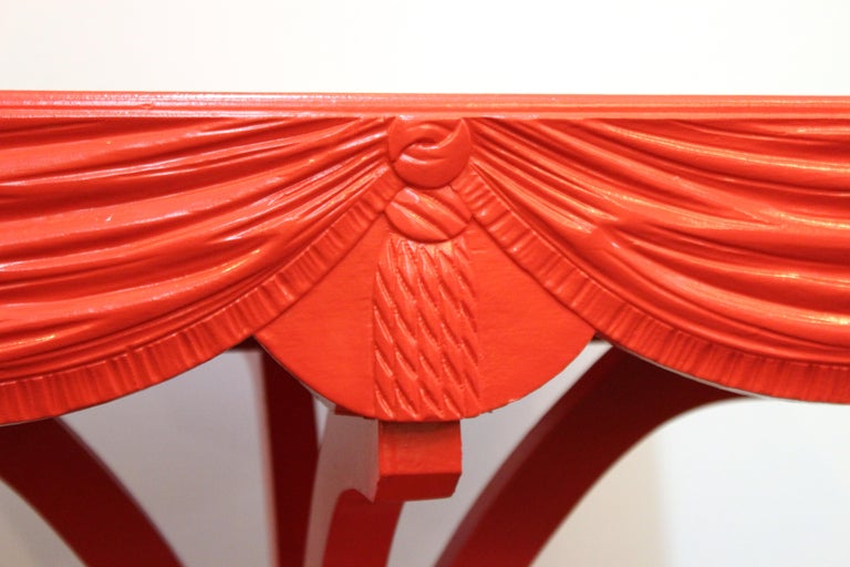 Hollywood Regency Red Side Tables with Sculpted Wood Drapery at 1stDibs