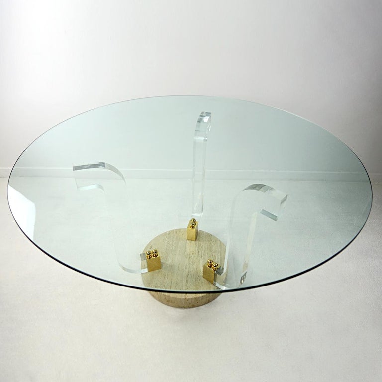 Hollywood Regency Round Dining Table Marble Foot, Plexiglass and Brass ...