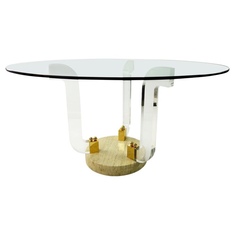 Hollywood Regency Round Dining Table Marble Foot, Plexiglass and Brass ...