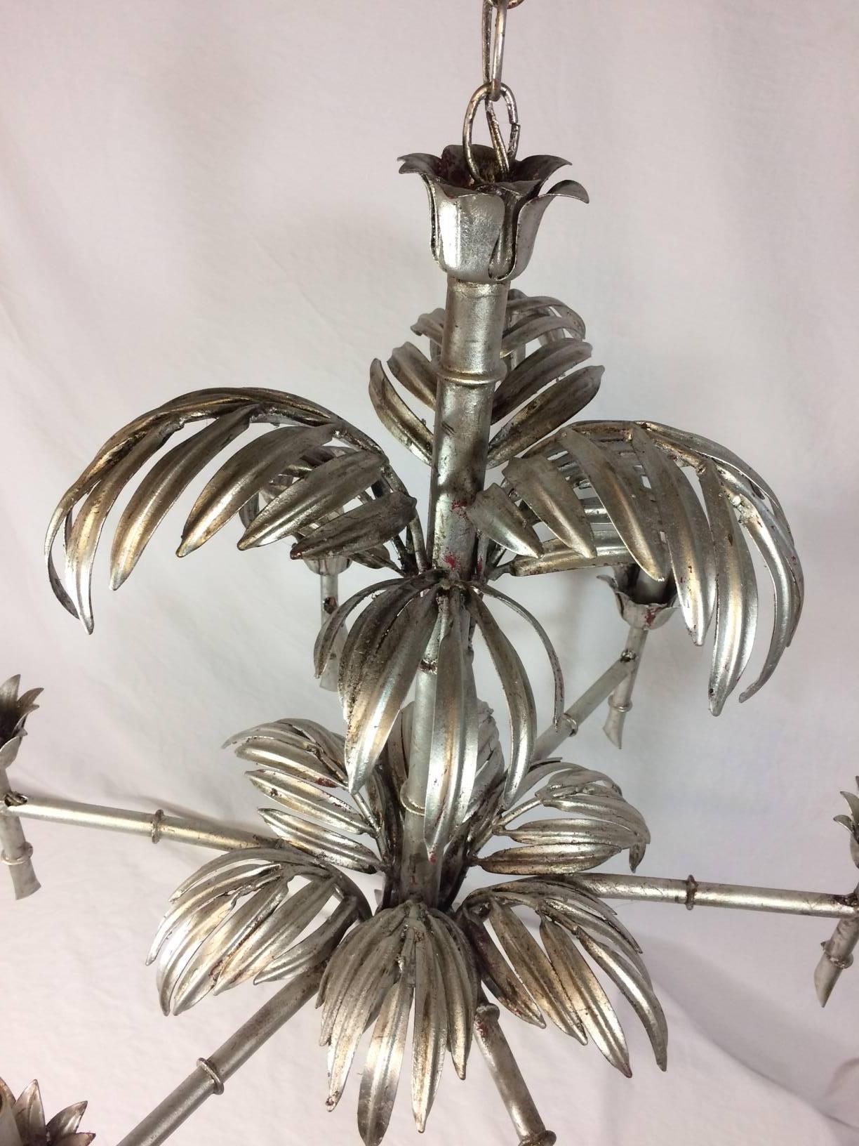 Hollywood Regency Silver Leaf Palm Faux Bamboo Chandelier at 1stDibs