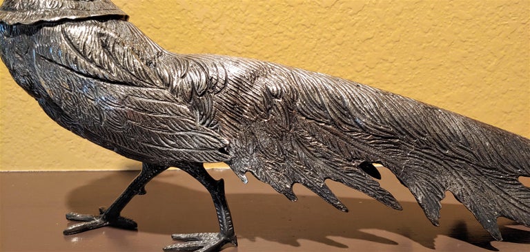 Hollywood Regency Silver-Plated Peacocks, a Pair For Sale at 1stDibs