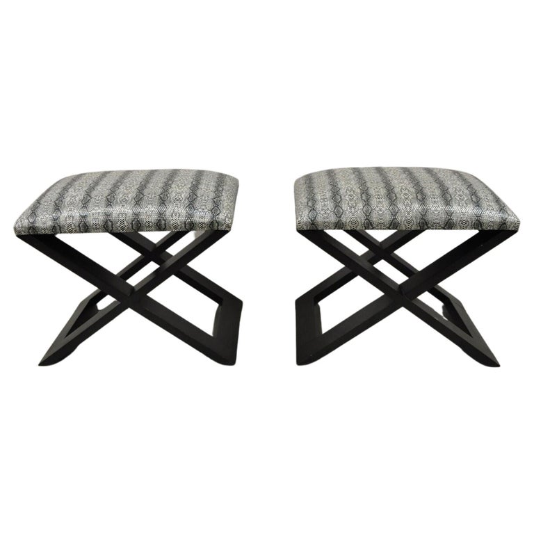 Hollywood Regency Style Black X-Frame Stools Snakeskin Upholstery, a ...