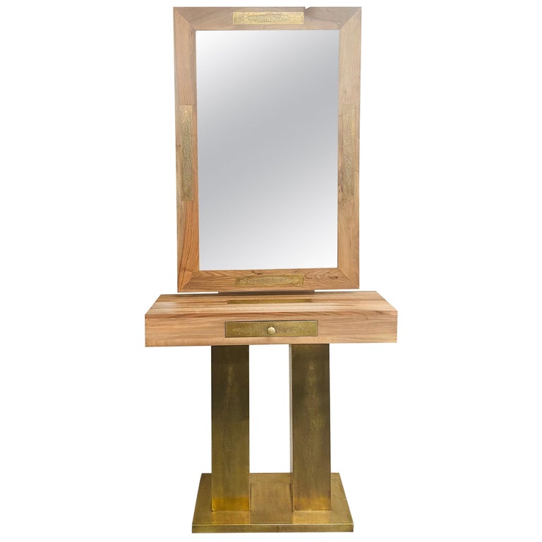 Hollywood Regency Style Brass and Walnut Mirror and Console Table Set ...