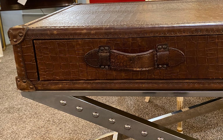 Hollywood Regency Style Faux Alligator Leather Desk With X-based Chrome ...
