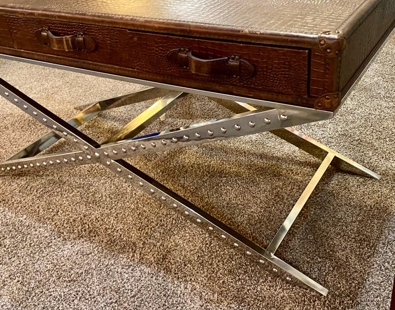 Hollywood Regency Style Faux Alligator Leather Desk With X-based Chrome ...
