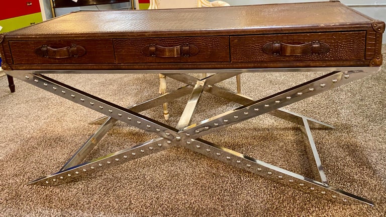 Hollywood Regency Style Faux Alligator Leather Desk With X-based Chrome ...
