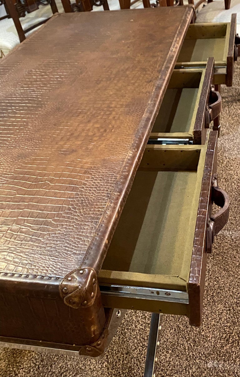 Hollywood Regency Style Faux Alligator Leather Desk With X-based Chrome ...