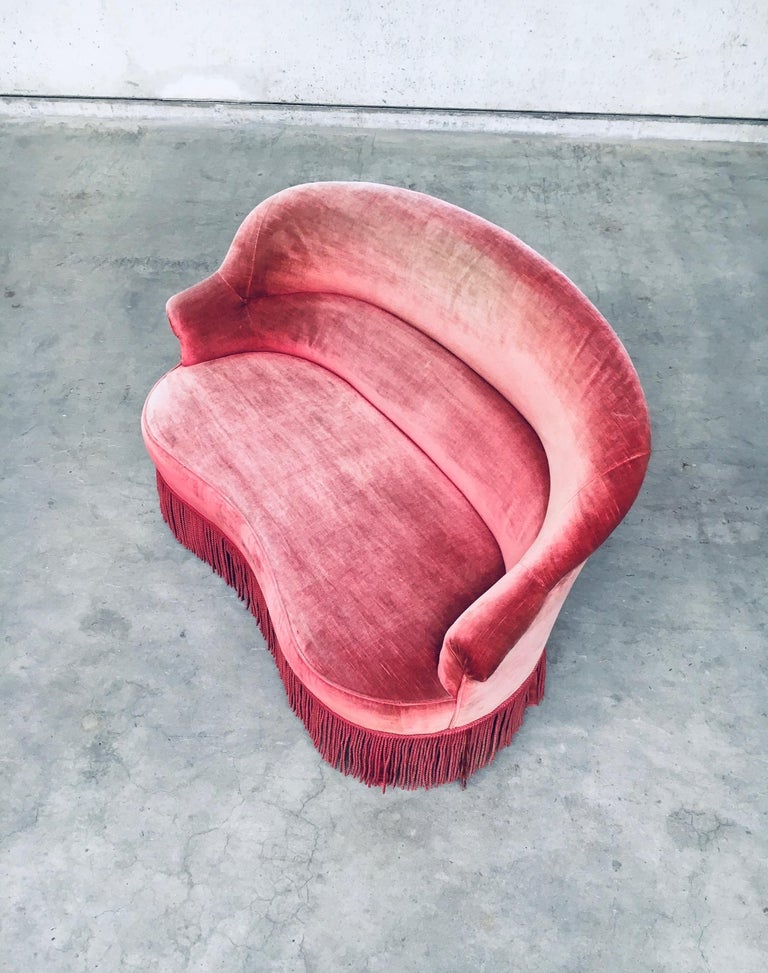 Hollywood Regency Style Red Pink Velvet Love Seat Sofa with Fringe, 1950's For Sale at 1stDibs