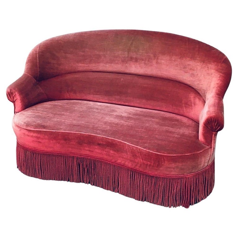 Hollywood Regency Style Red Pink Velvet Love Seat Sofa with Fringe, 1950's For Sale at 1stDibs