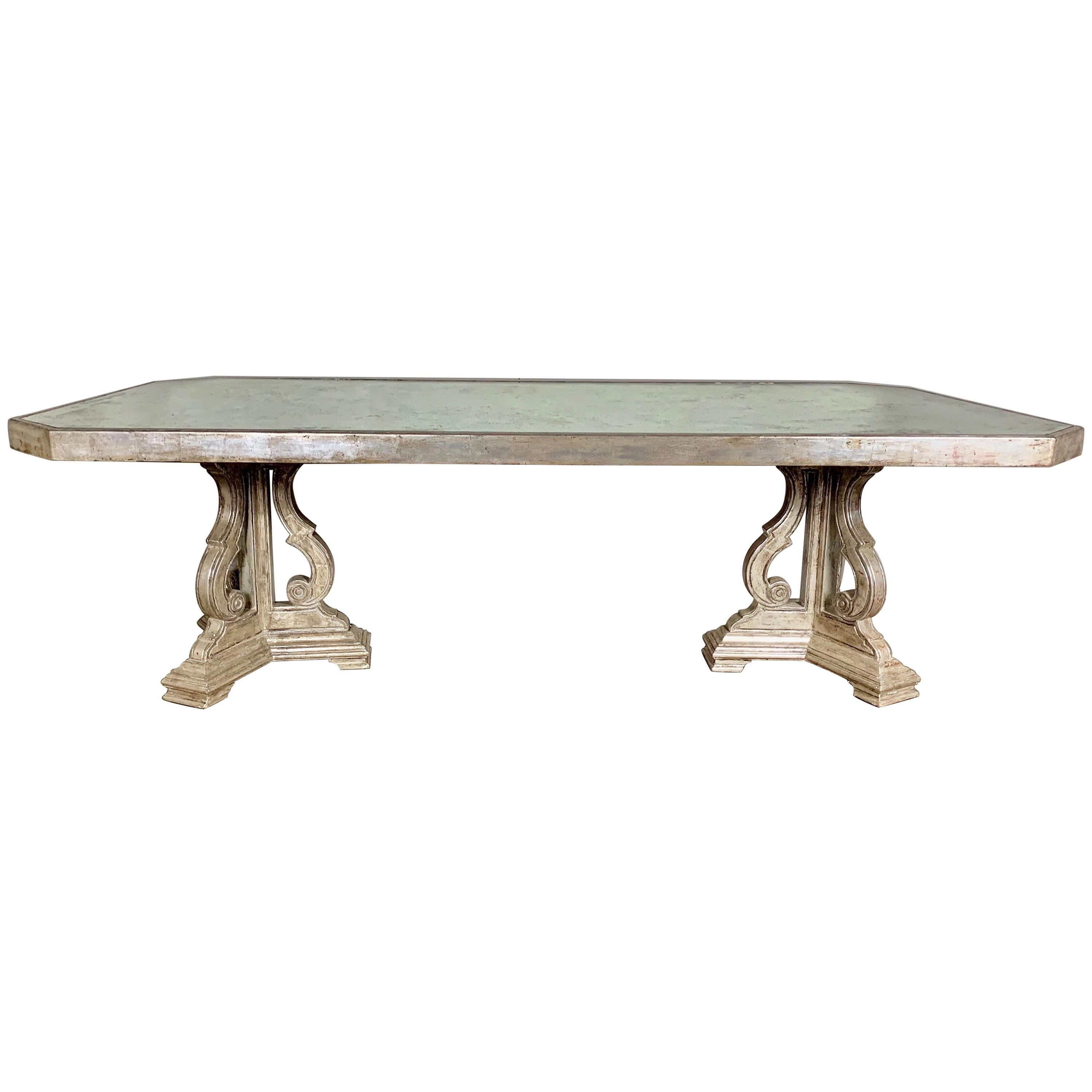 Hollywood Regency Style Travertine, Brass and Glass Large Dining Table ...