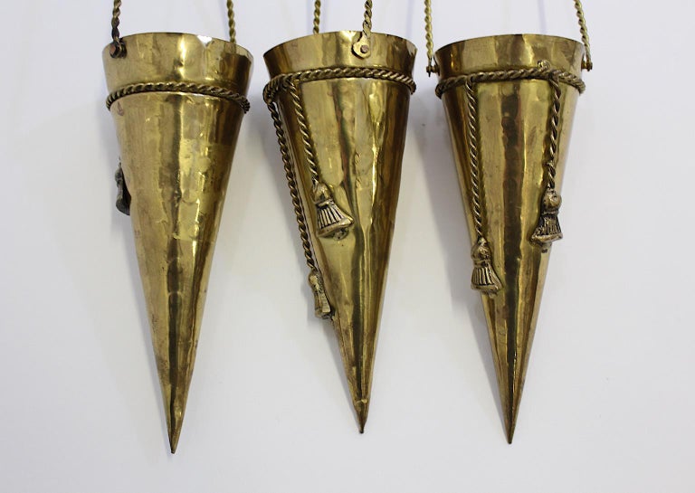 Hollywood Regency Style Vintage Three Cones Brass Wall Vessel Vases ...