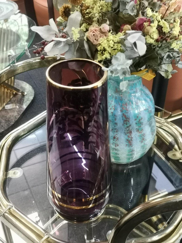 Hollywood regency styled glass vase with golden decorations, 1960's ...