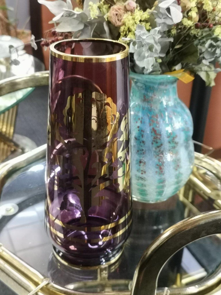 Hollywood regency styled glass vase with golden decorations, 1960's ...