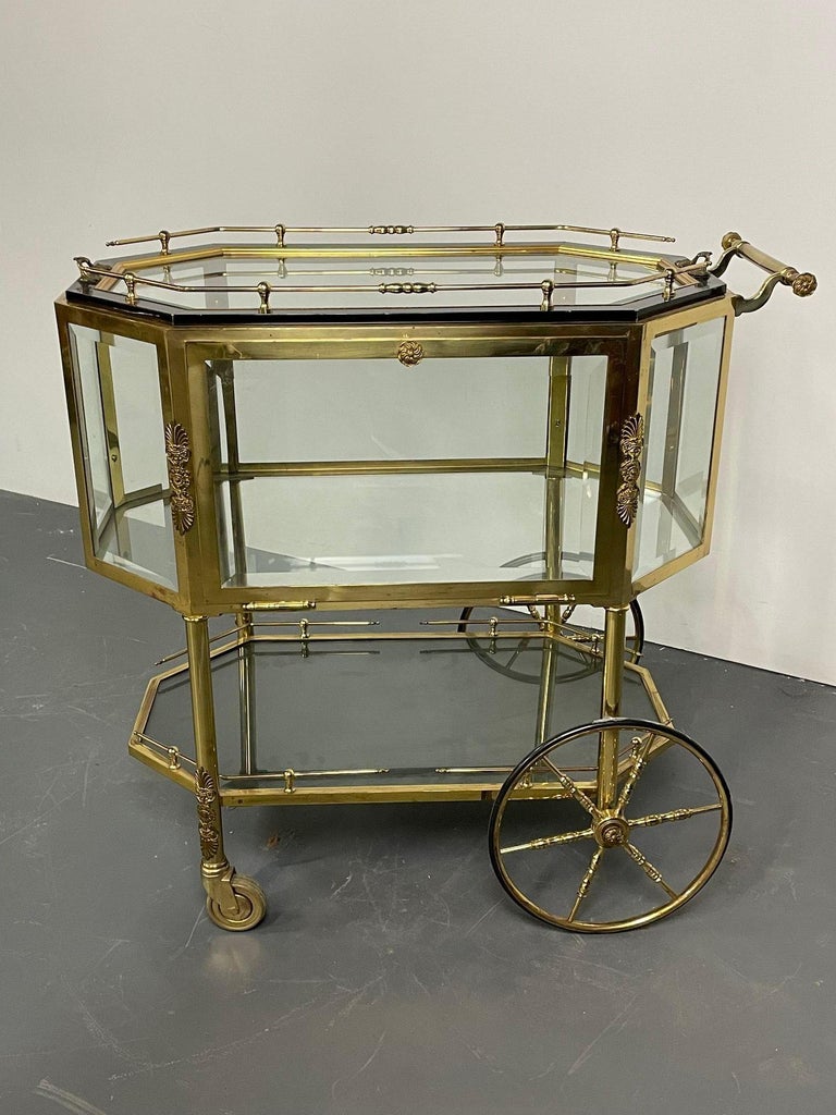 Hollywood Regency Tea Wagon or Serving Cart, Beveled Glass, Bronze and Brass For Sale at 1stDibs