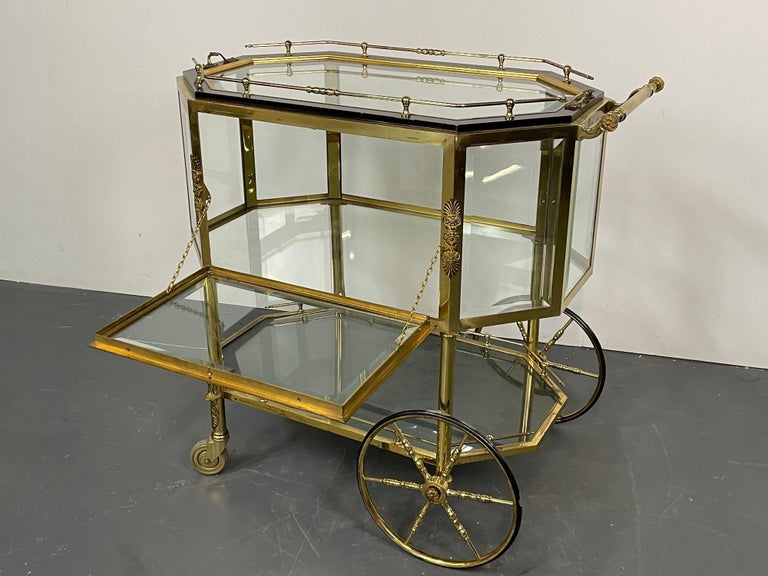 Hollywood Regency Tea Wagon or Serving Cart, Beveled Glass, Bronze and Brass For Sale at 1stDibs