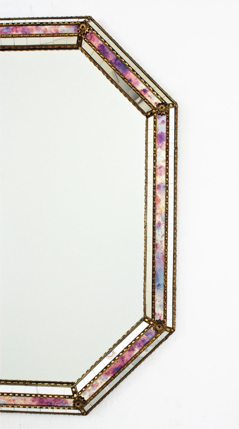 Hollywood Regency Venetian Modern Octagonal Mirror with Iridiscent ...
