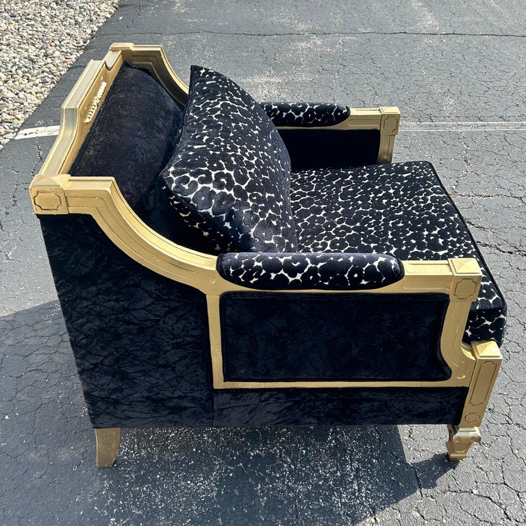 Hollywood Regency Wood-Framed Armchair in Black Velvet and Gold For ...