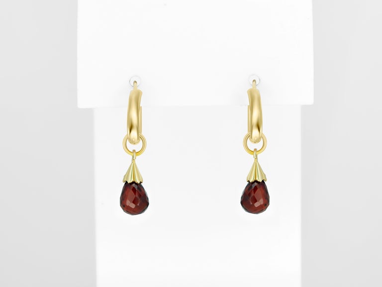 Hoop Earrings and Garnet Briolette Charms in 14k Gold For Sale at 1stDibs
