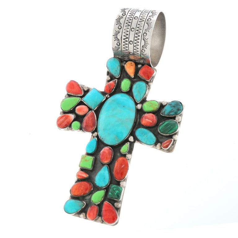 Hopi Stone-Set Sterling Cross by Marcus Yowytewa at 1stDibs