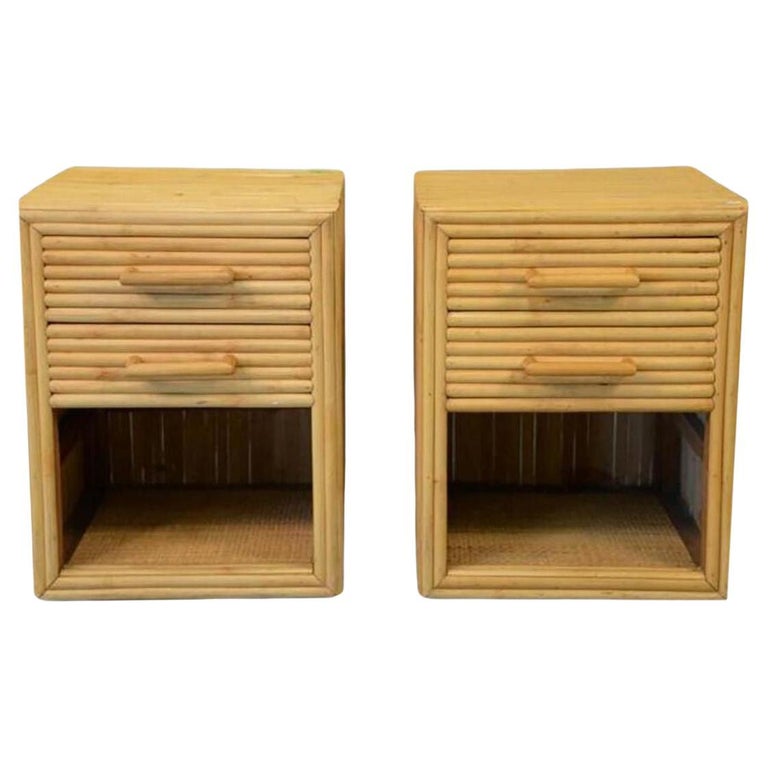 Restored Horizontal Stacked Stick Rattan Side Bedside Table, Pair at ...