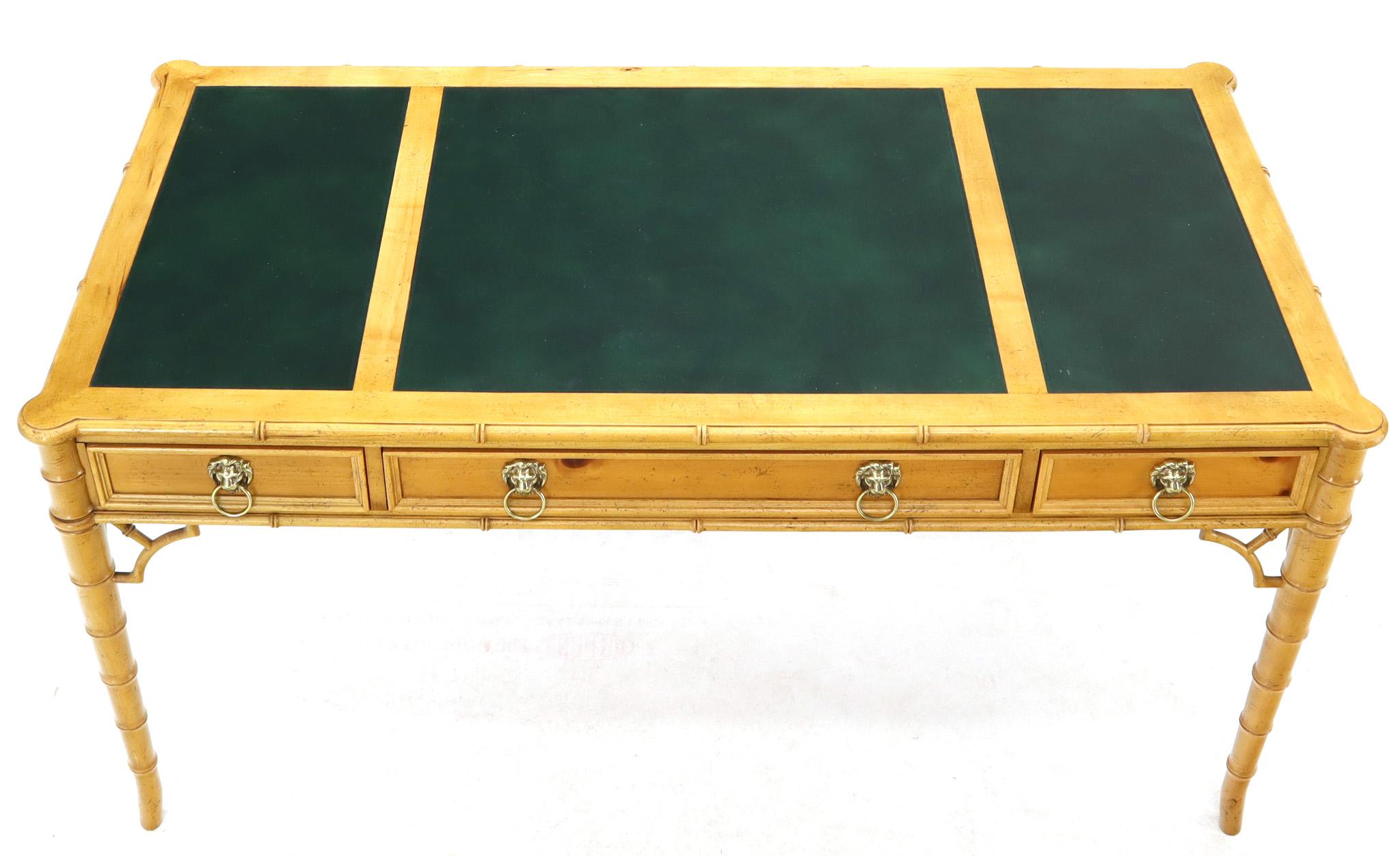 Horn Shape Leg Faux Burnt Bamboo Green Leather Top Desk by Baker For ...