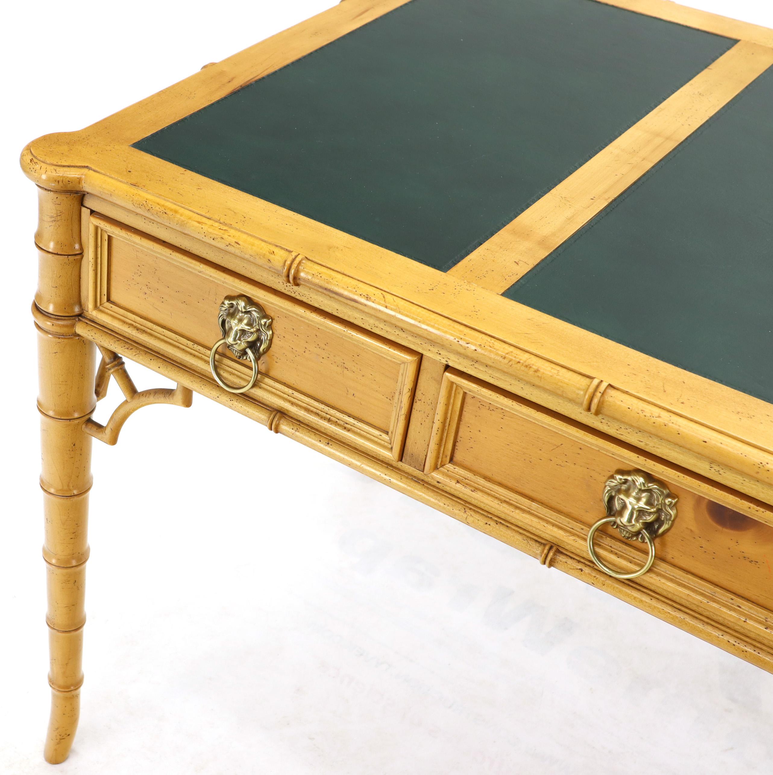 Horn Shape Leg Faux Burnt Bamboo Green Leather Top Desk by Baker For ...